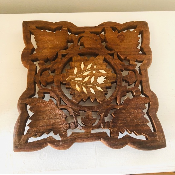 Vintage | Dining | Vintage Carved Wooden Trivet With Inlay | Poshmark